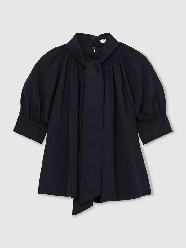 REISS Lerina Tie-neck Short-sleeve Blouse - Navy