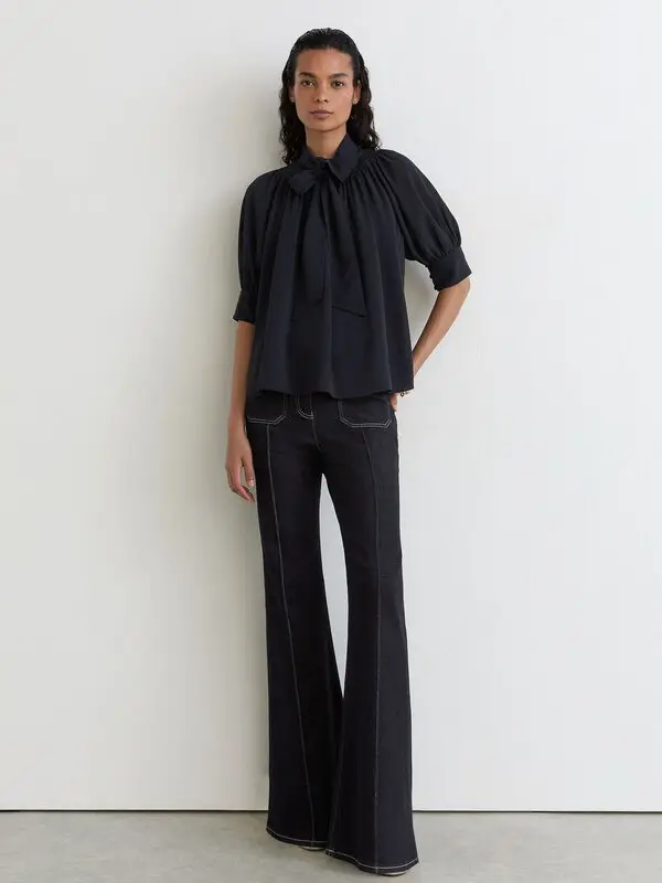 REISS Lerina Tie-neck Short-sleeve Blouse - Navy