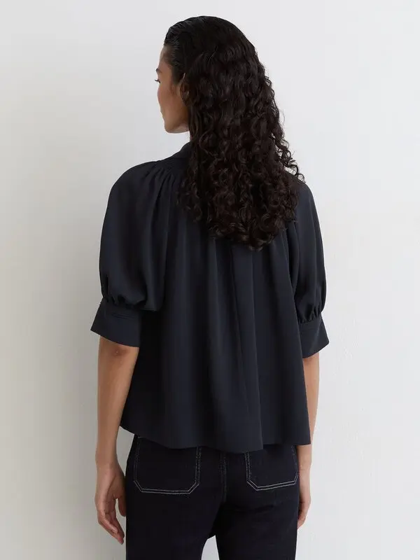 REISS Lerina Tie-neck Short-sleeve Blouse - Navy