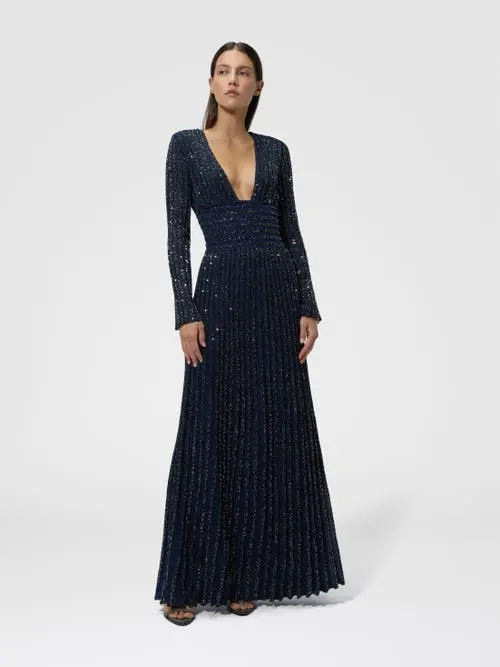 Missoni Long Sleeve Deep Plunge Sequin Embellished Maxi Dress - Navy Blue
