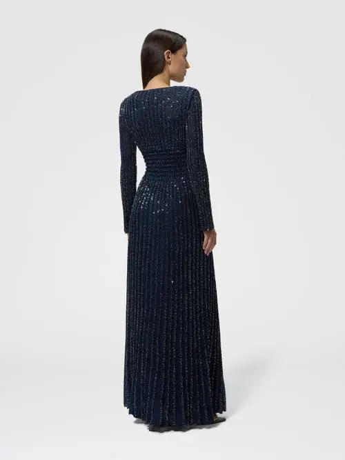 Missoni Long Sleeve Deep Plunge Sequin Embellished Maxi Dress - Navy Blue