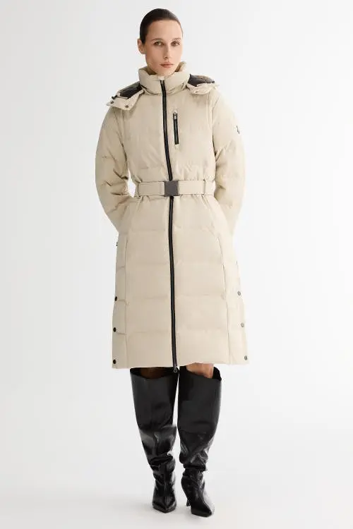 OROLAY Celeste Long Hooded Belted Down Coat