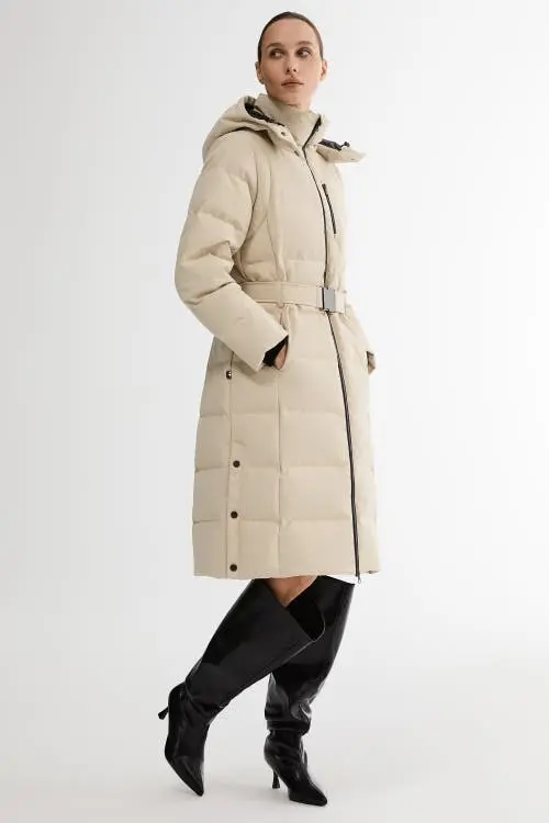 OROLAY Celeste Long Hooded Belted Down Coat