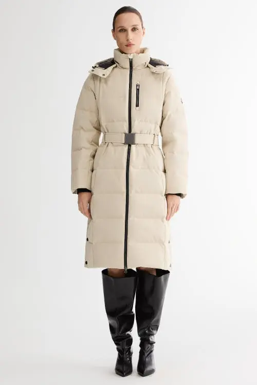 OROLAY Celeste Long Hooded Belted Down Coat