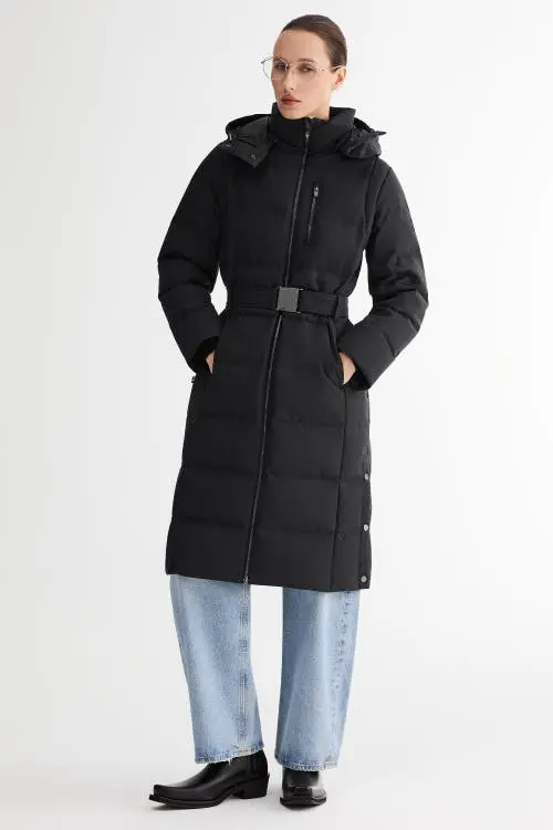 OROLAY Celeste Long Hooded Belted Down Coat - Black