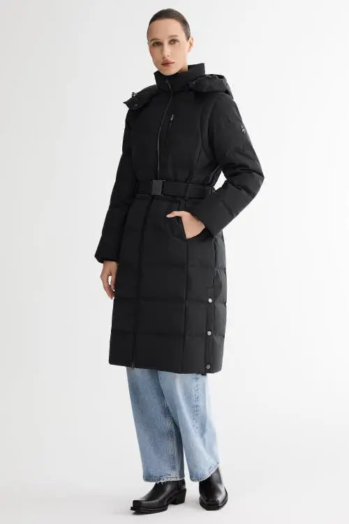 OROLAY Celeste Long Hooded Belted Down Coat - Black