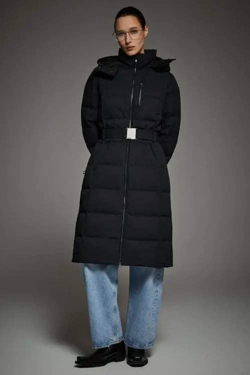 OROLAY Celeste Long Hooded Belted Down Coat - Black