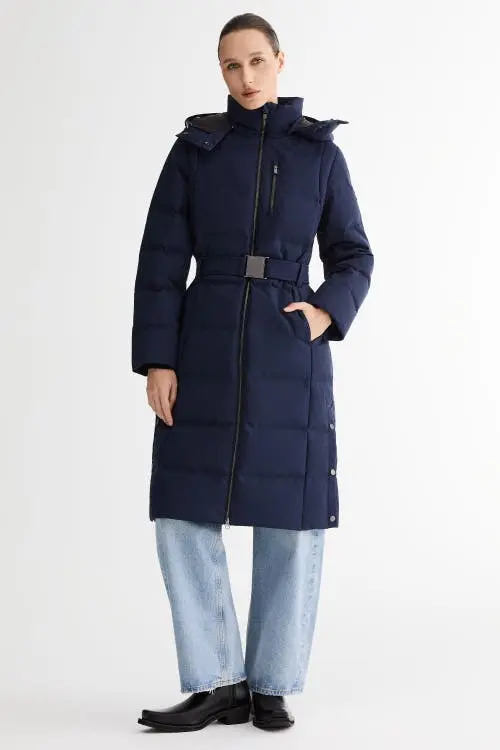 OROLAY Celeste Long Hooded Belted Down Coat