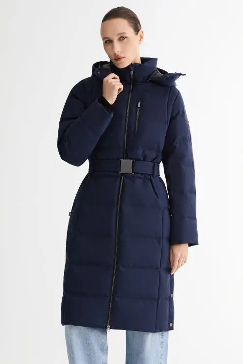 OROLAY Celeste Long Hooded Belted Down Coat