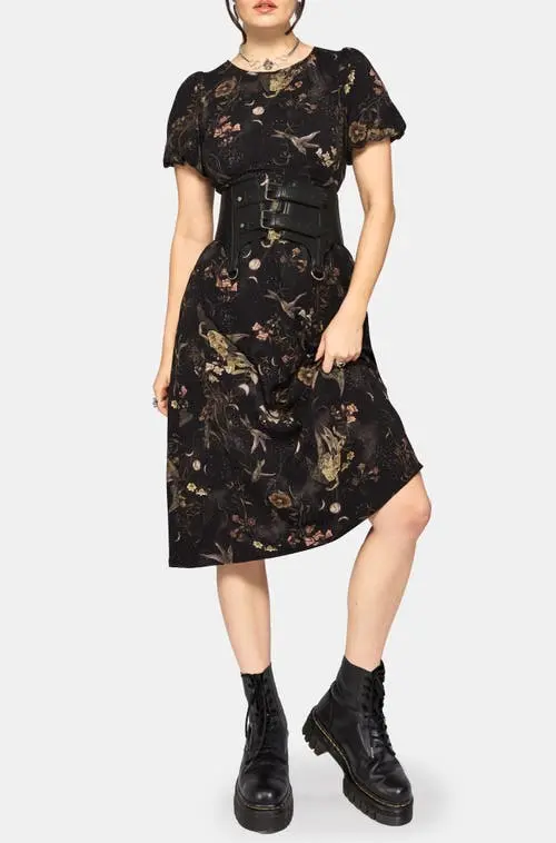 DISTURBIA Harpyiai Print Puff Sleeve Midi Dress - Black