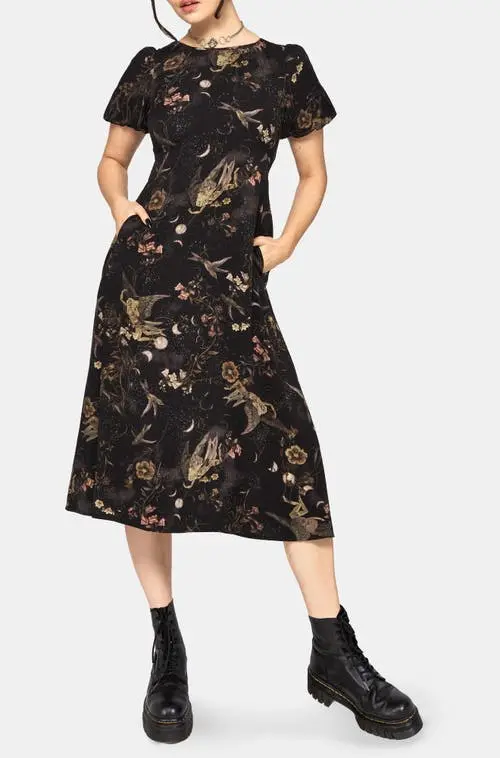 DISTURBIA Harpyiai Print Puff Sleeve Midi Dress