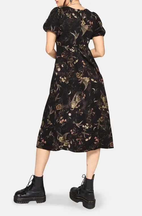 DISTURBIA Harpyiai Print Puff Sleeve Midi Dress