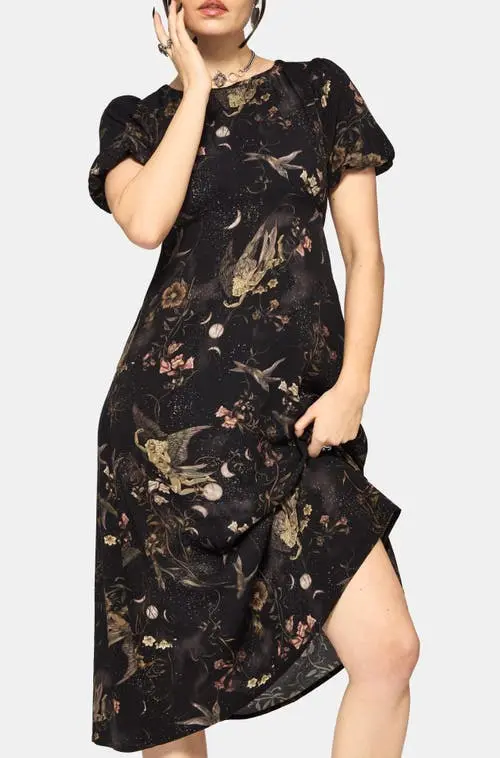 DISTURBIA Harpyiai Print Puff Sleeve Midi Dress
