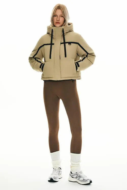 OROLAY Winter Quilted Hooded Cropped Down Puffer Jacket - Khaki