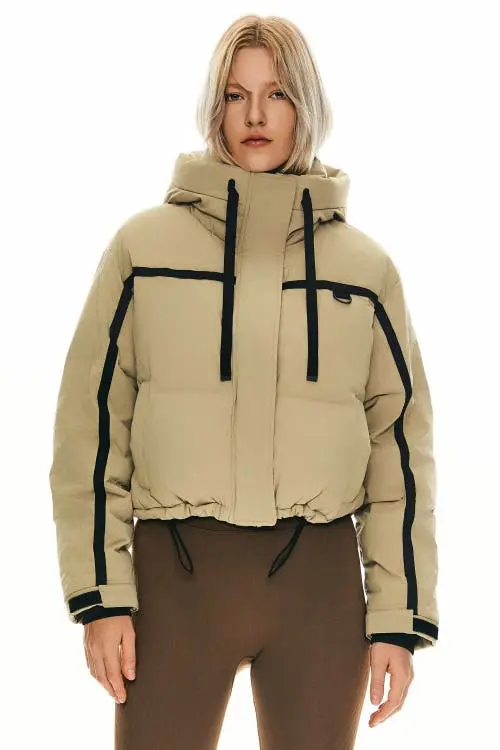 OROLAY Winter Quilted Hooded Cropped Down Puffer Jacket - Khaki