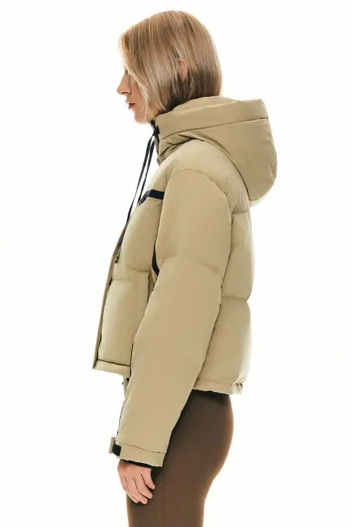 OROLAY Winter Quilted Hooded Cropped Down Puffer Jacket - Khaki
