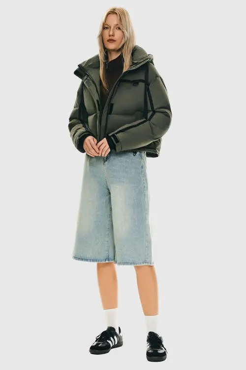 OROLAY Winter Quilted Hooded Cropped Down Puffer Jacket - Olive