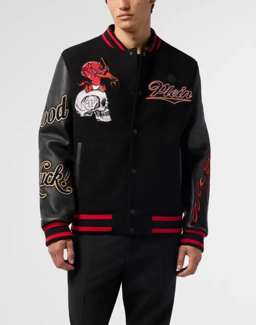 Philipp Plein Varsity Bomber With Leather Sleeves Devil Skull - Black