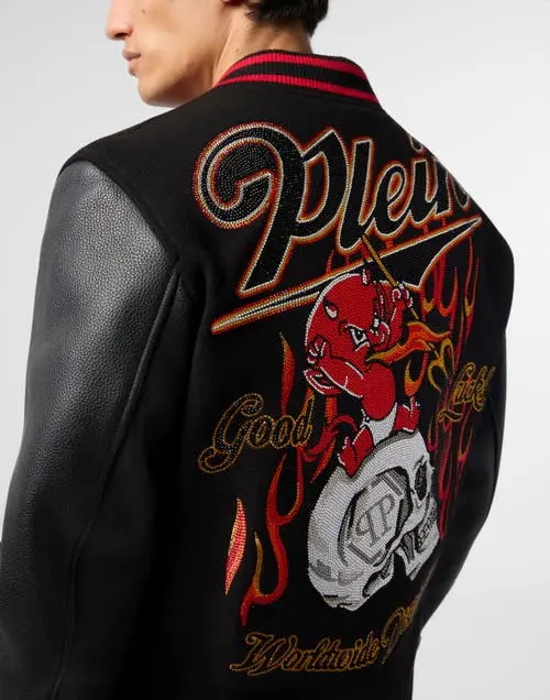 Philipp Plein Varsity Bomber With Leather Sleeves Devil Skull