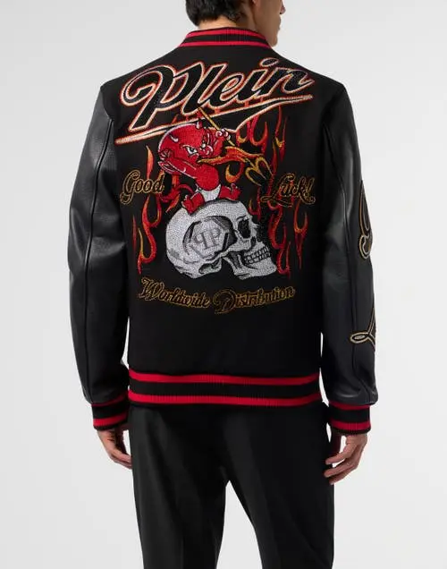 Philipp Plein Varsity Bomber With Leather Sleeves Devil Skull