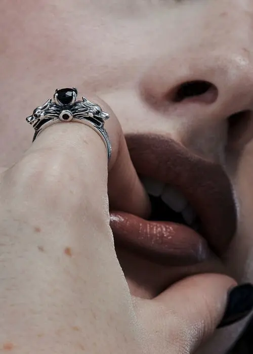 DISTURBIA Sterling Dragon Ring With Black Spinel