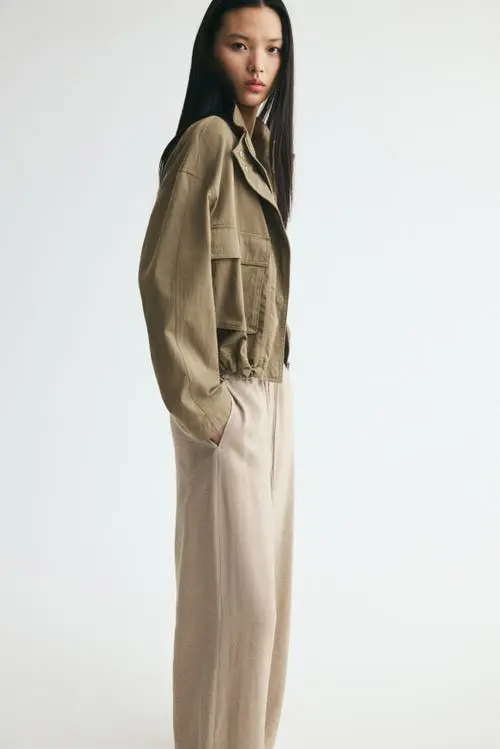 H&M Viscose-blend Wide-leg Drawstring Pants With Ruffled Waistband - Beige