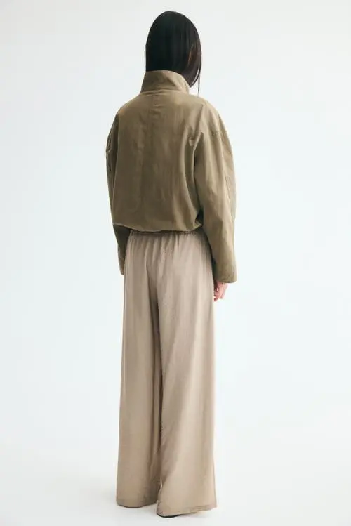 H&M Viscose-blend Wide-leg Drawstring Pants With Ruffled Waistband - Beige