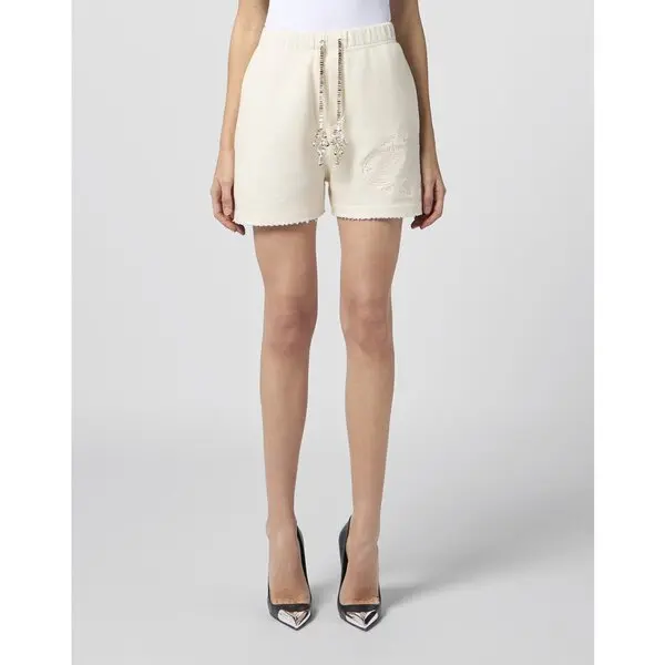 Philipp Plein Washed Fleece Shorts Tennis Club Crystals - Offwhite