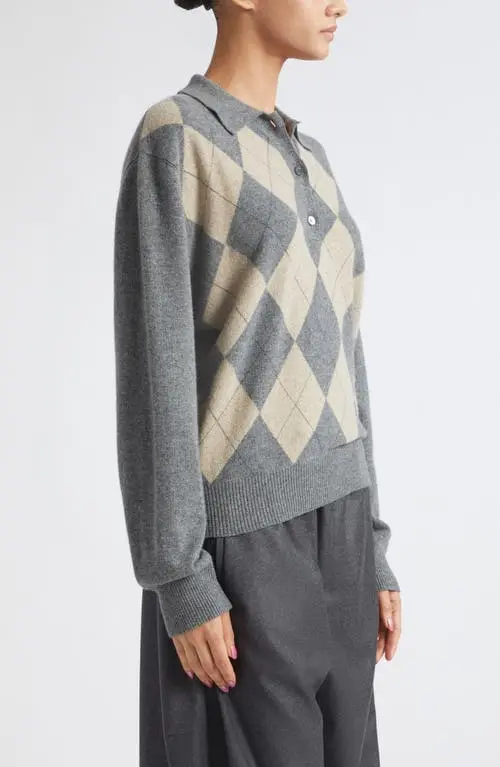 RÓHE Argyle Plaid Mouliné Polo Sweater - Grey/oat Check