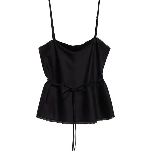 LESET Yoko Lace Trim Tie Waist Tank Top - Black