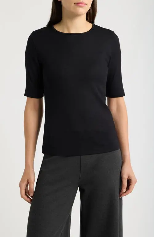 Eileen Fisher Organic Cotton Crewneck Elbow Sleeve Top - Black
