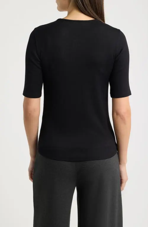 Eileen Fisher Organic Cotton Crewneck Elbow Sleeve Top - Black