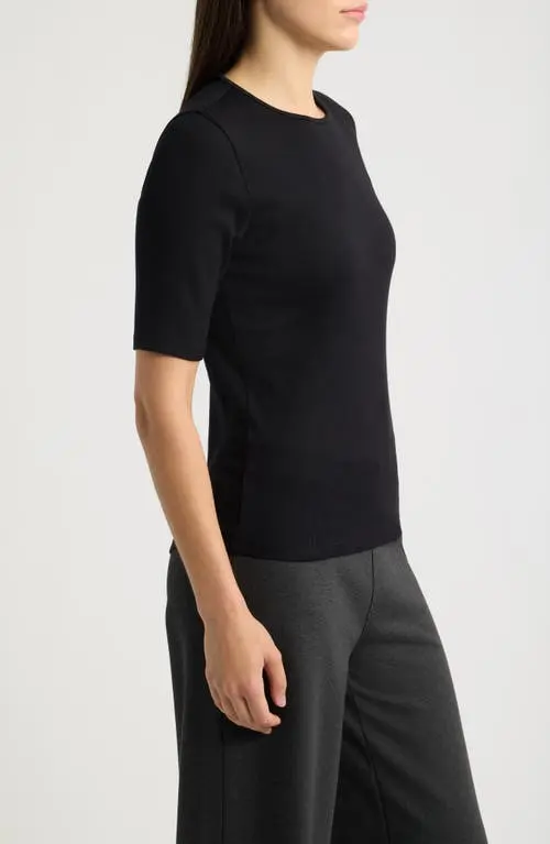 Eileen Fisher Organic Cotton Crewneck Elbow Sleeve Top - Black