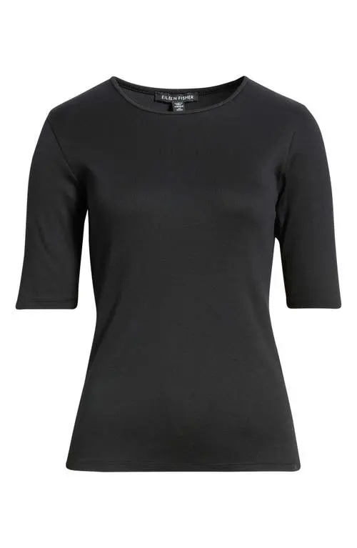 Eileen Fisher Organic Cotton Crewneck Elbow Sleeve Top - Black