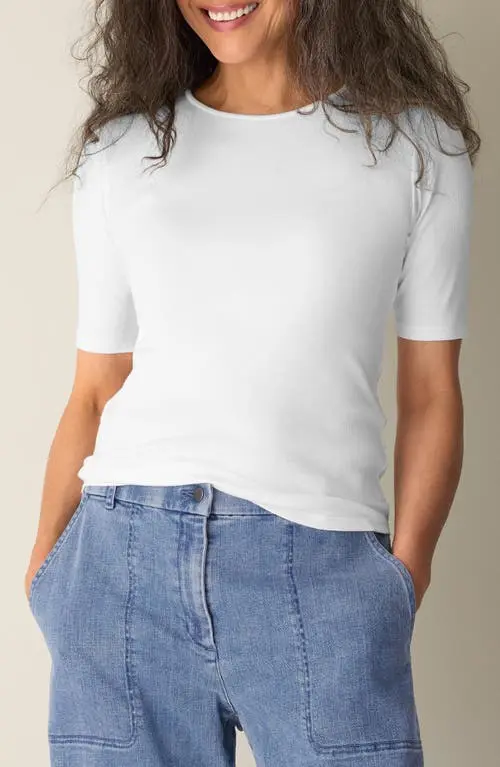 Eileen Fisher Organic Cotton Crewneck Elbow Sleeve Top - White