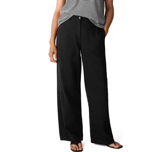 Eileen Fisher High Waist Wide Leg Full Length Organic Cotton Pants - Black
