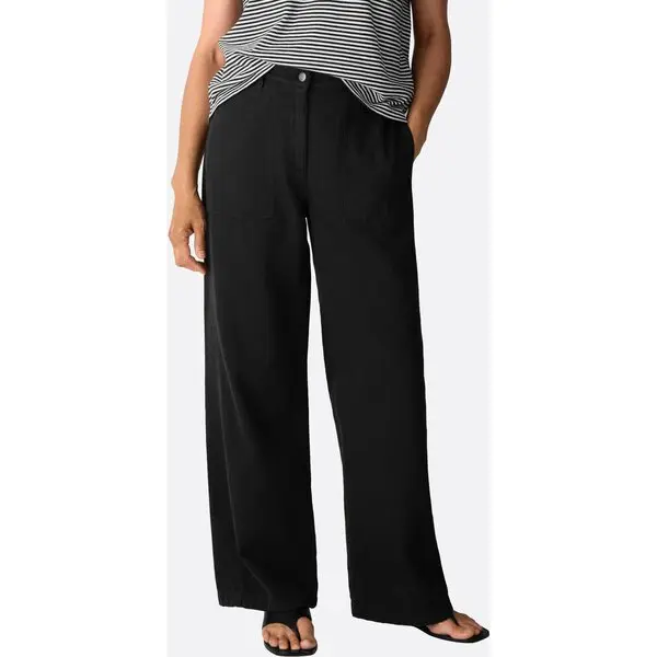 Eileen Fisher High Waist Wide Leg Full Length Organic Cotton Pants - Black
