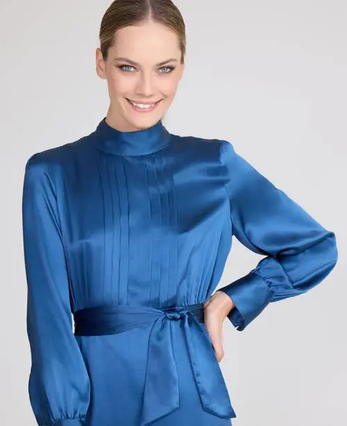 REALLY WILD CLOTHING Cara Silk Pleated Tie Neck Dress