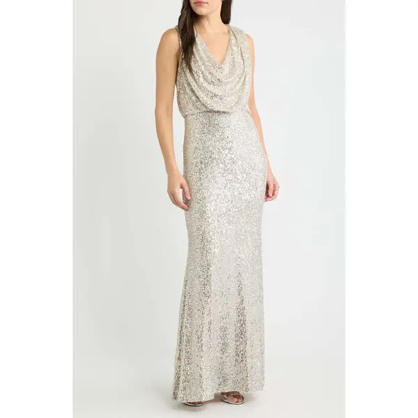 Eliza J Sequined Cowl Neck Maxi Gown