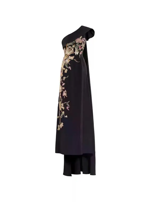 SAIID KOBEISY One-shoulder Floral-embroidered Evening Dress - Black