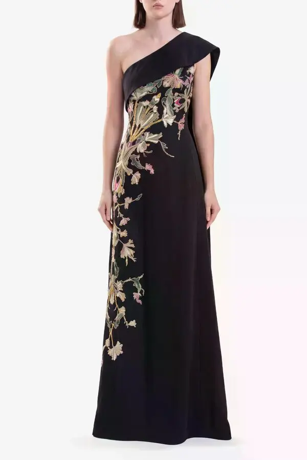 SAIID KOBEISY One-shoulder Floral-embroidered Evening Dress - Black