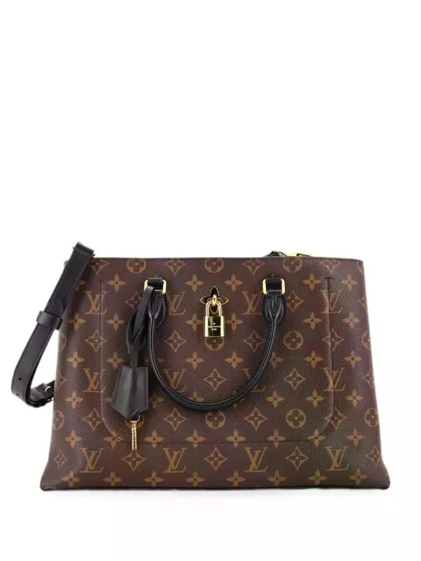 LOUIS VUITTON Flower Monogram Canvas With Leather Tote Bag - Black