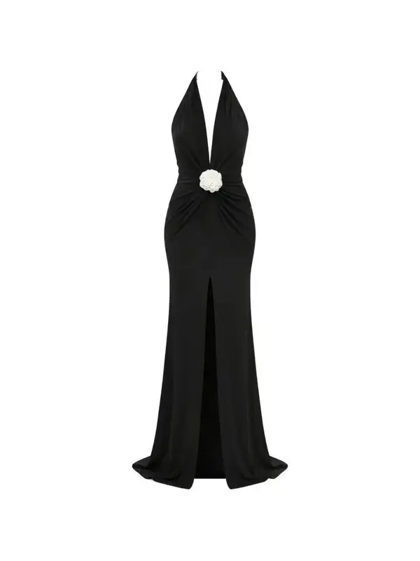 ROSERRY Halterneck Maxi Dress With Flower Appliqué And Front Slit - Black