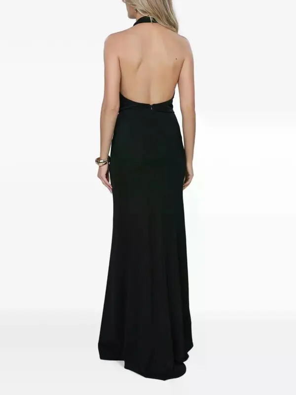 ROSERRY Halterneck Maxi Dress With Flower Appliqué And Front Slit - Black