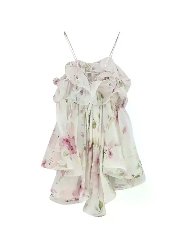 ACTUALEE Floral Print Ruffled Mini Dress - White