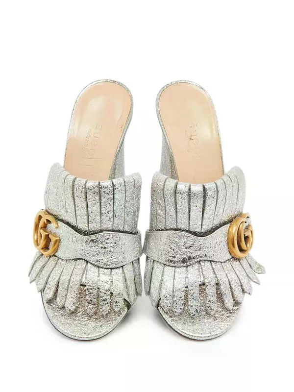 Gucci Leather Gg Marmont Fringed Block Heel Slide Sandals