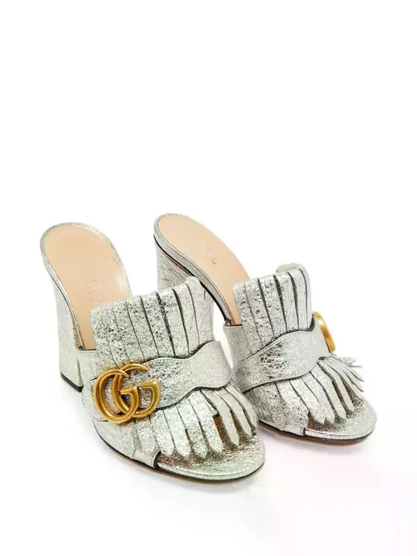 Gucci Leather Gg Marmont Fringed Block Heel Slide Sandals