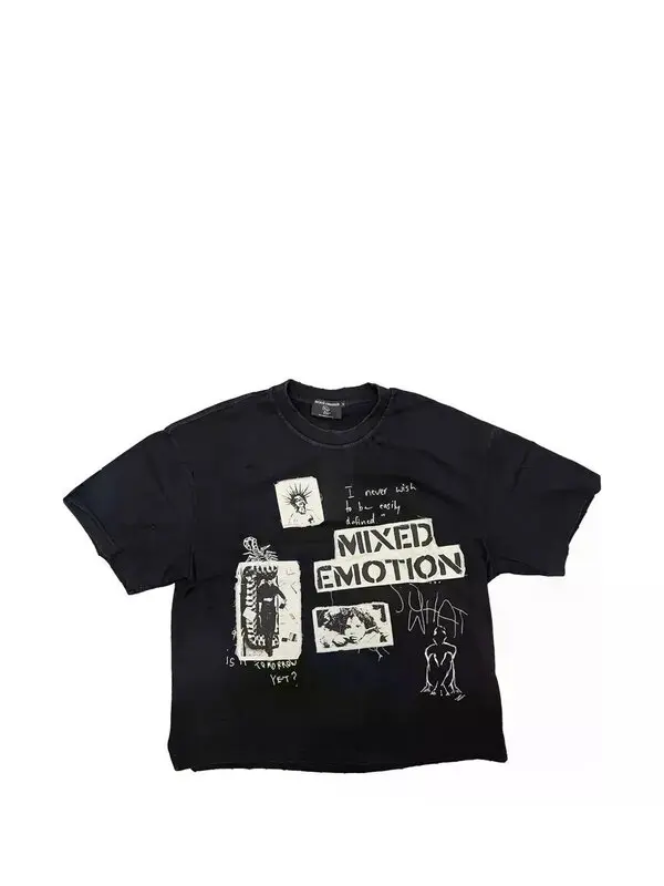 Mixed Emotion Stamped Graphic-patch T-shirt - Black