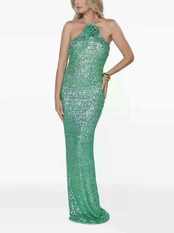 ROSERRY Sequined Floral Appliqué Halterneck Maxi Dress - Green
