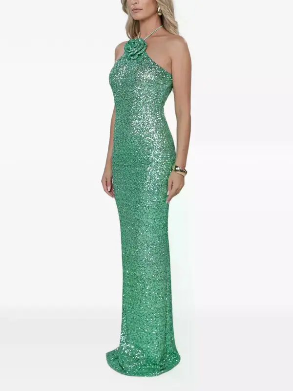 ROSERRY Sequined Floral Appliqué Halterneck Maxi Dress - Green